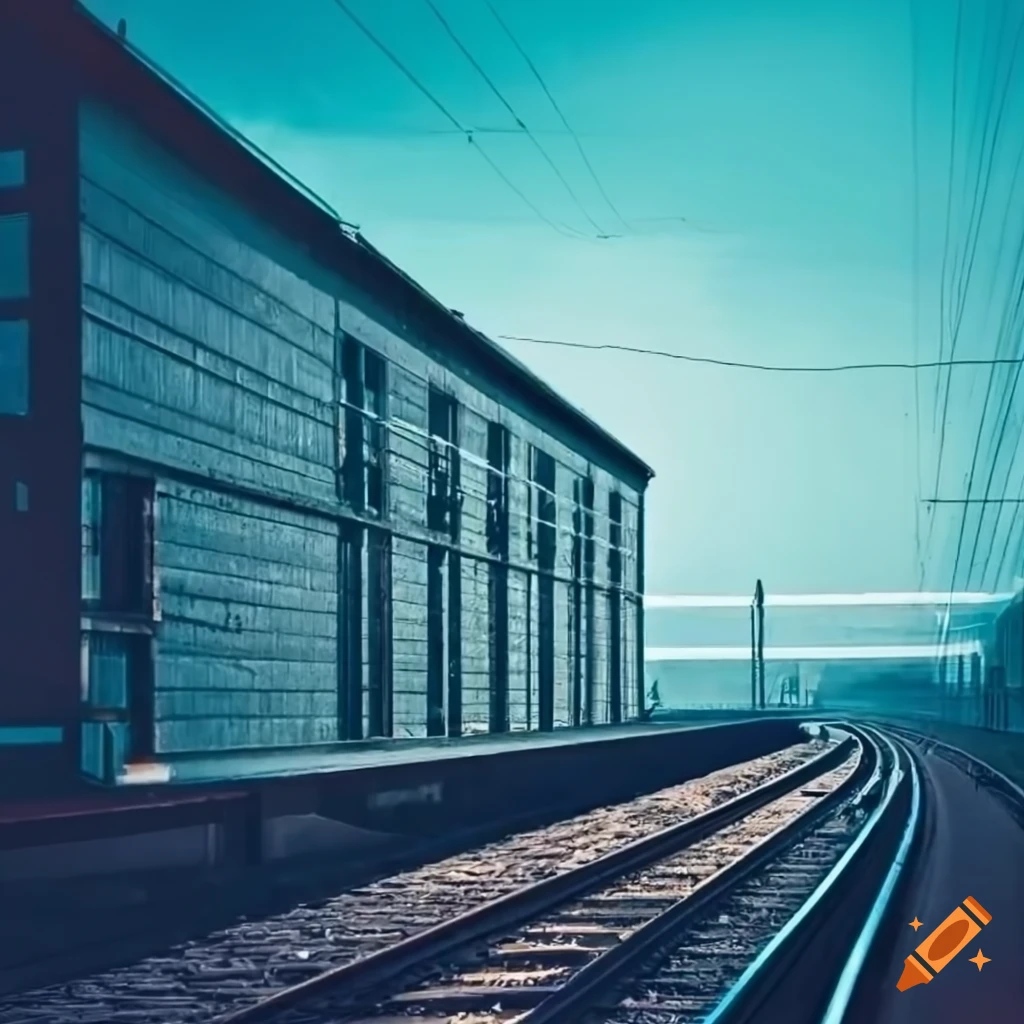 Modern warehouse building next to railway tracks at the station on Craiyon