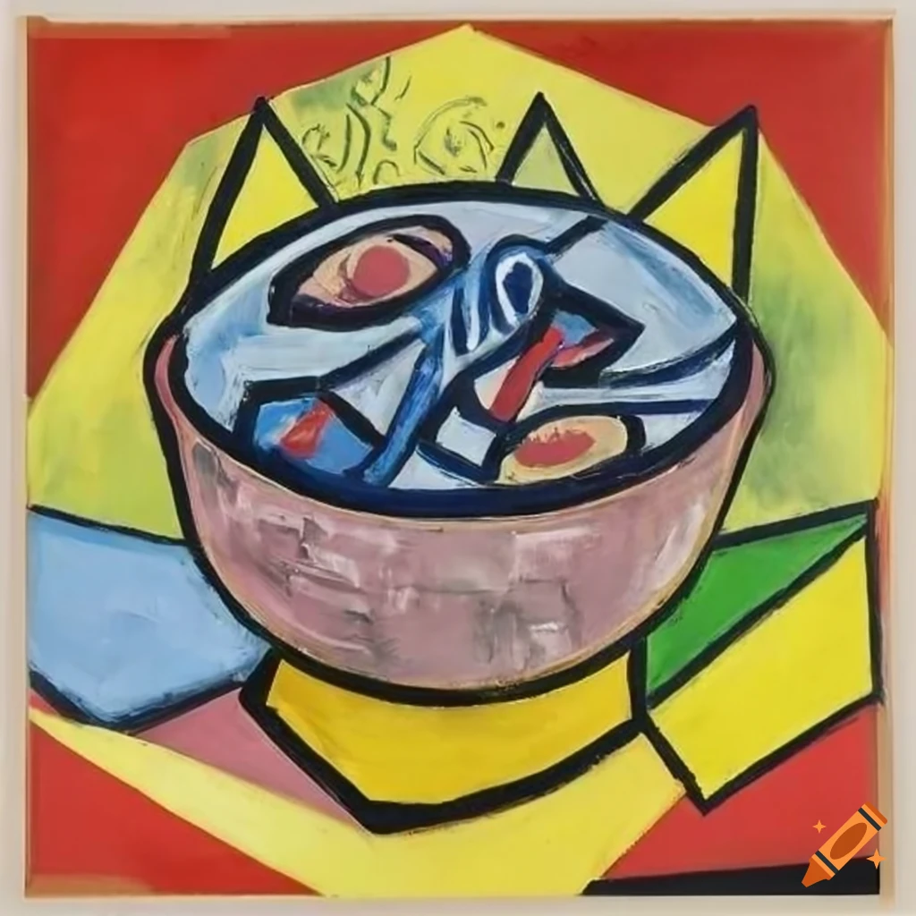 Cubism painting of a bowl of pho by pablo picasso in the 1950s on Craiyon