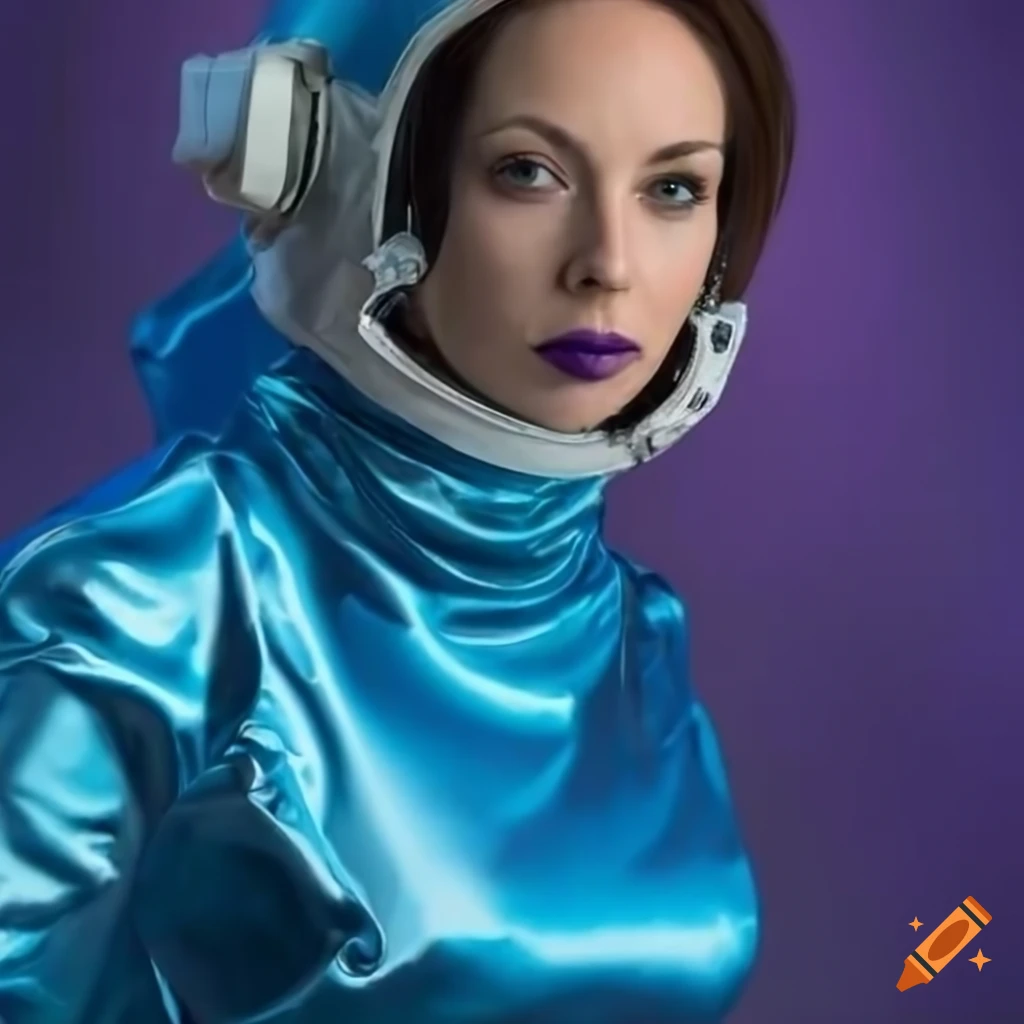 Beautiful woman astronaut in a blue satin spacesuit and helmet on Craiyon