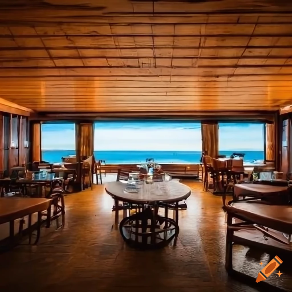 Asian restaurant on a surface in the middle of the ocean with a balcony ...