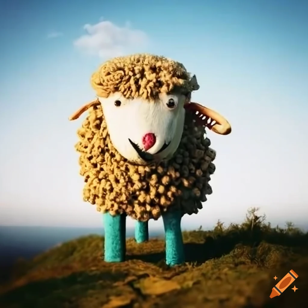 Unique sheep made of socks and buttons on a hill on Craiyon
