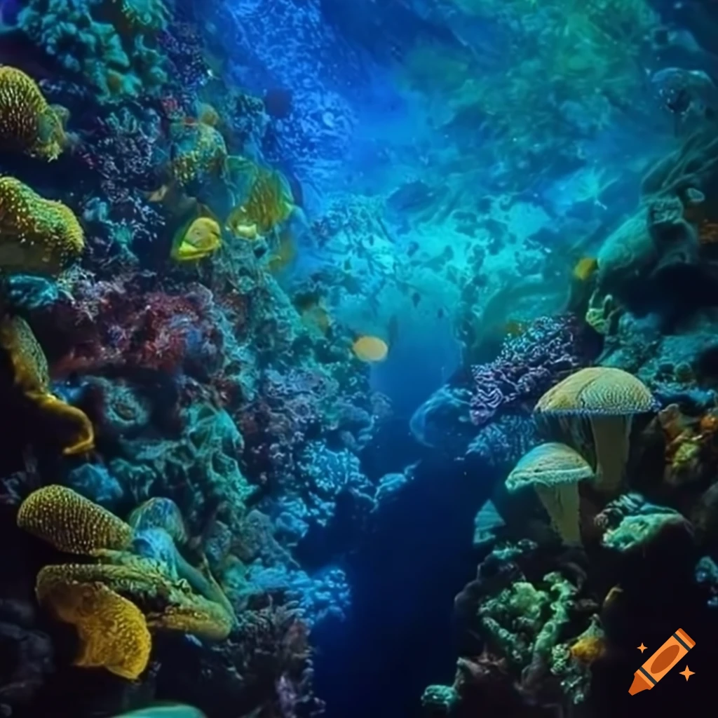 Underwater tapestry of vibrant fish, coral, and mythical creatures ...