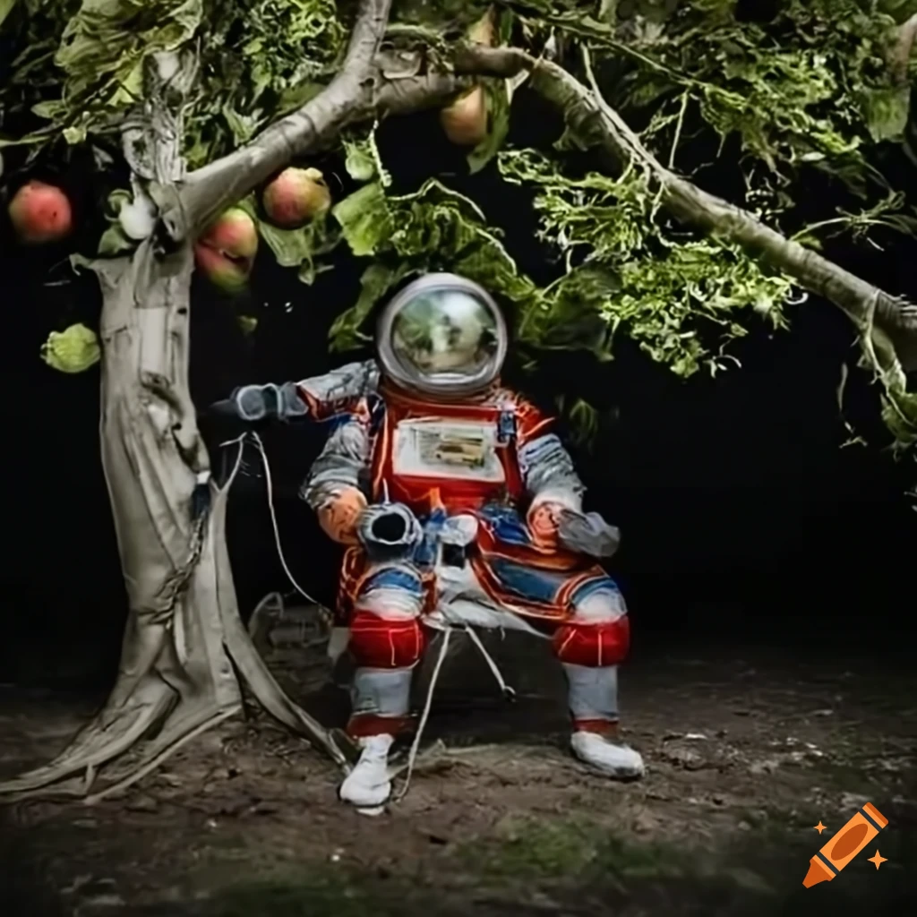 Sir isaac newton in a space suit under an apple tree in space on Craiyon