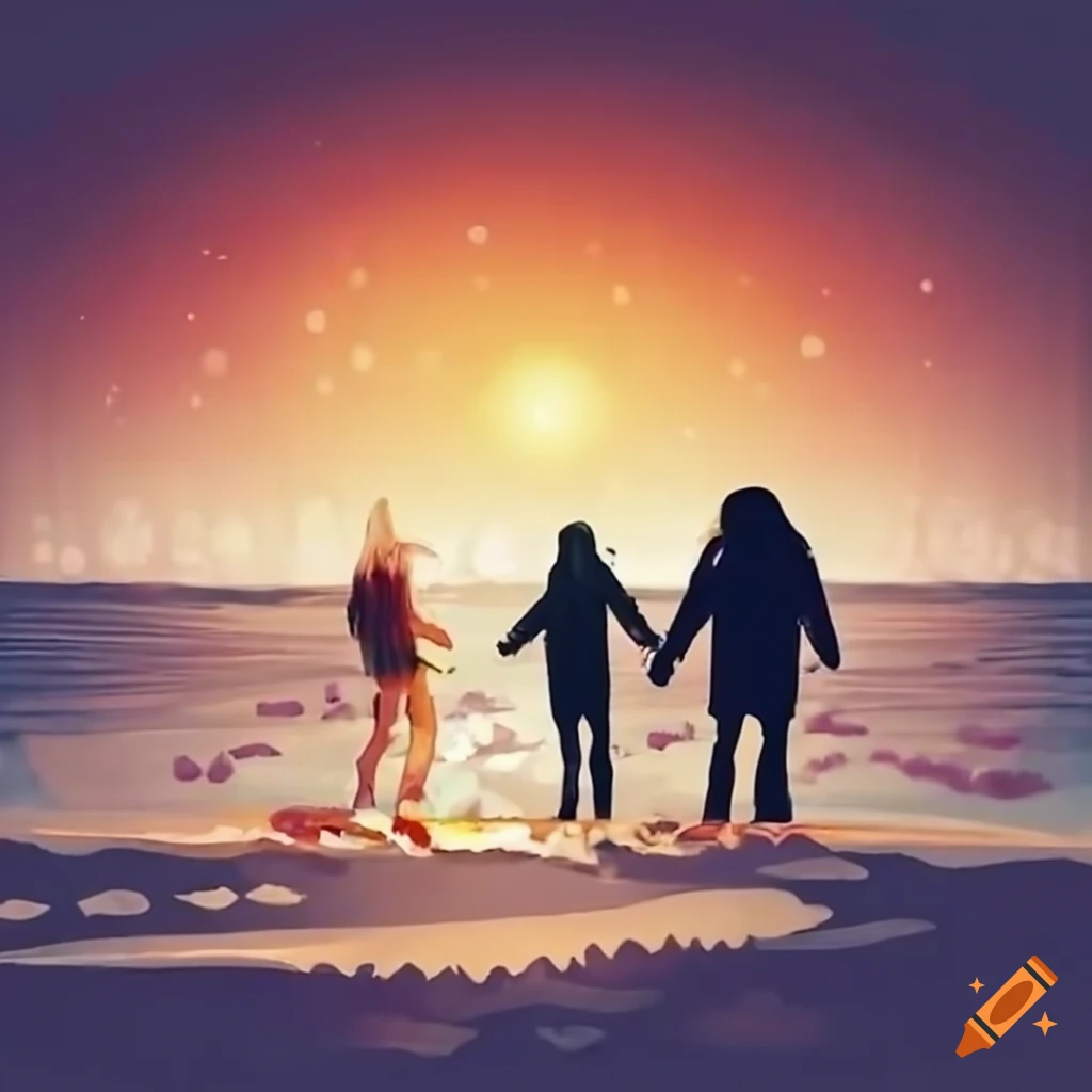 Snowflakes falling in a winter beach sunrise with friends on Craiyon