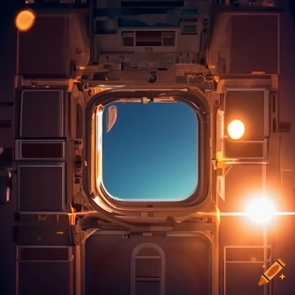 Inside view of a space station looking out of a rectangular window on Craiyon