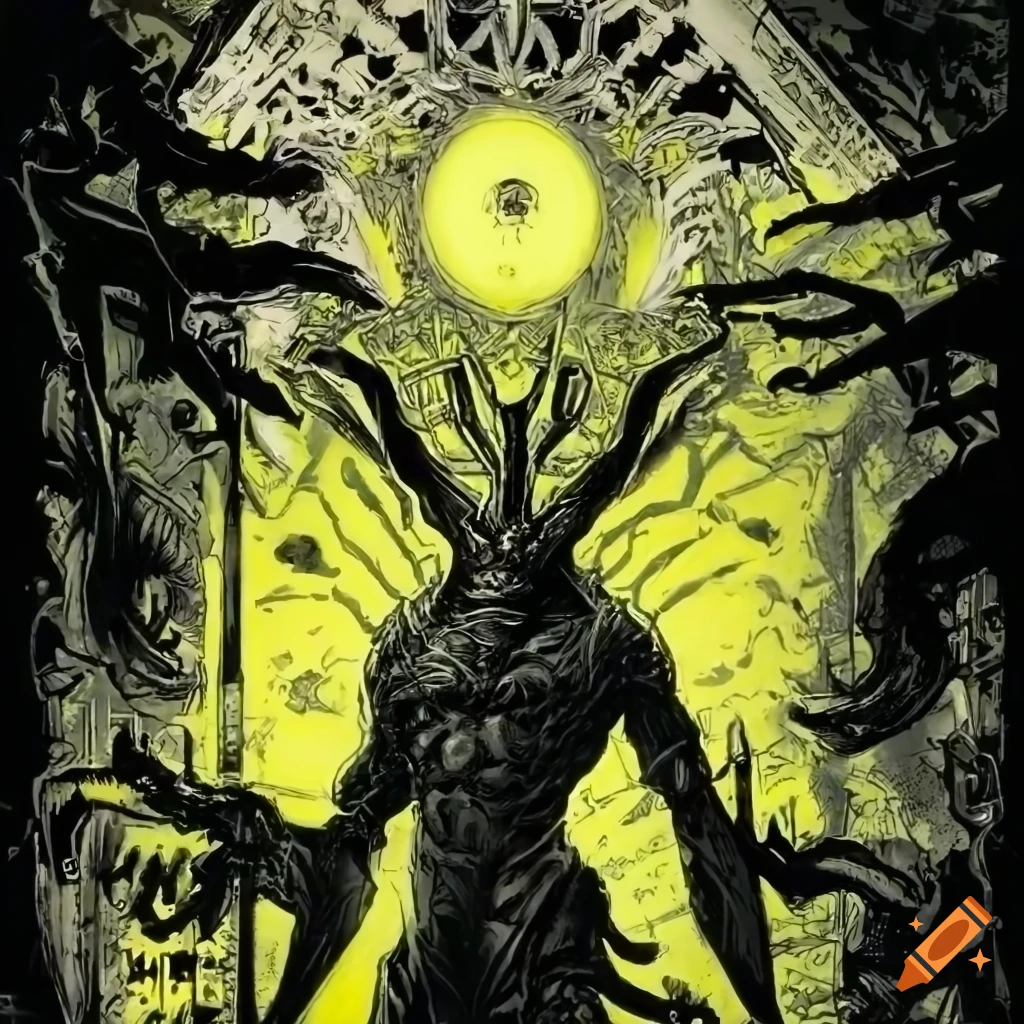 Neon yellow and black and white demonic art with various influences on ...