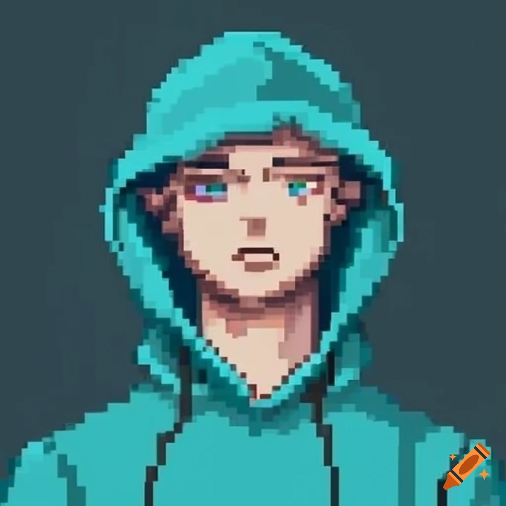 Blonde man in cyan hoodie in pixel art style on Craiyon