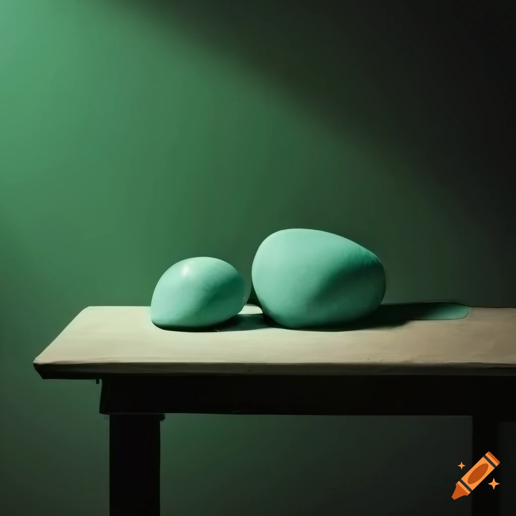 Organic and boxy objects on table with shadows in an old dark hotel ...