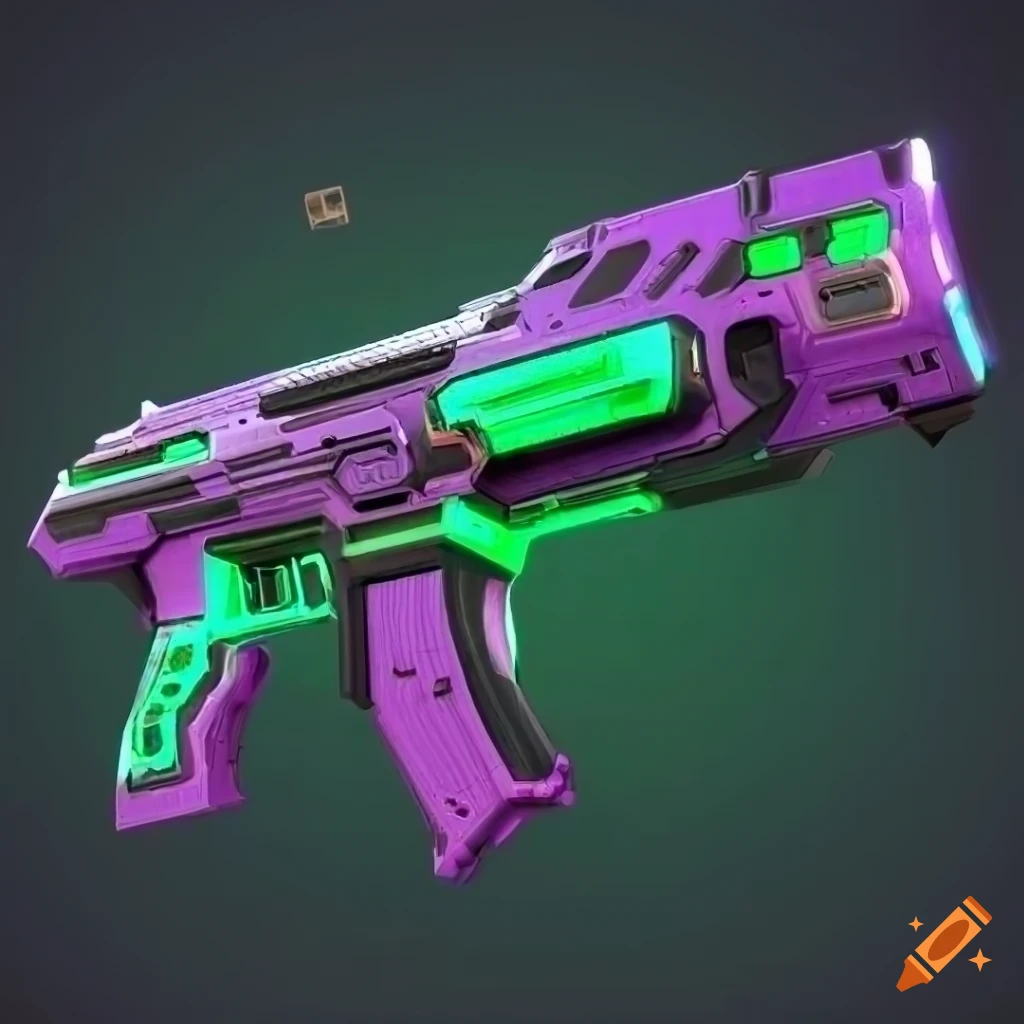 Highly detailed sci-fi gun concept in purple, green, and black on Craiyon