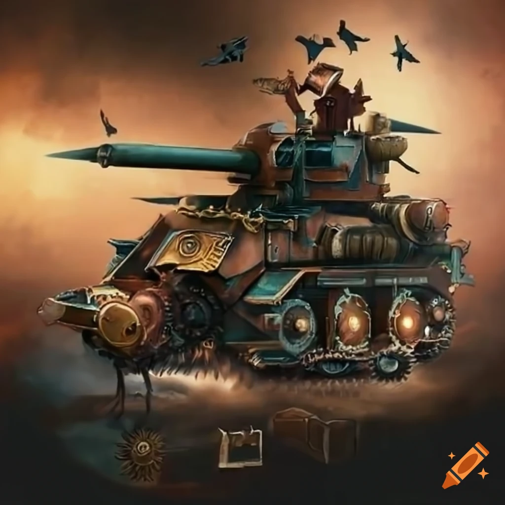 Steampunk crow driving a tank on Craiyon