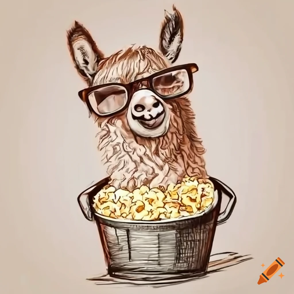 Brown llama with glasses eating popcorn on Craiyon
