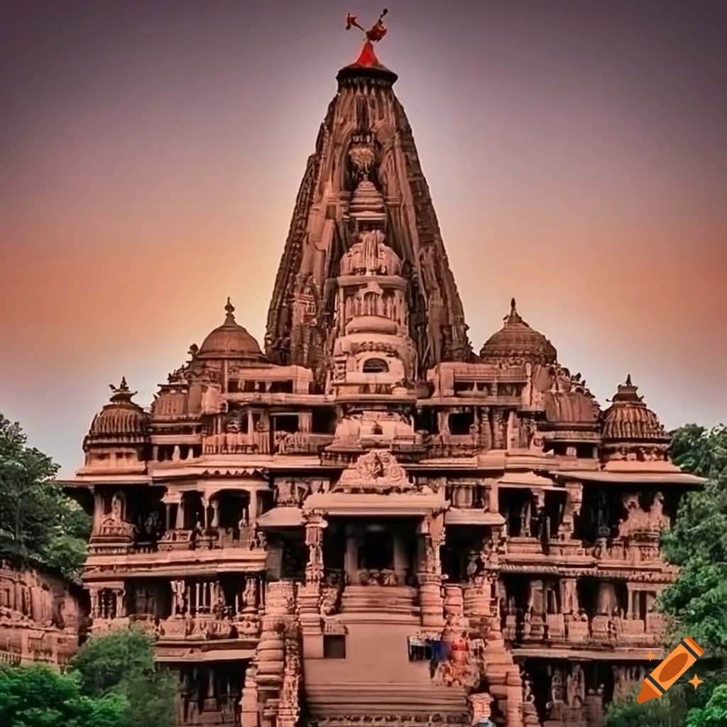 Iconic ayodhya rama mandir surrounded by greenery and intricate ...