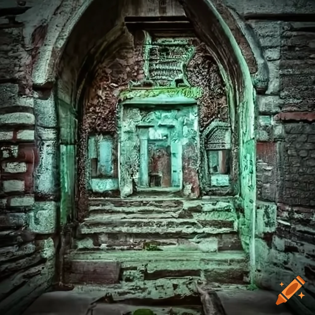 Dilapidated alien temple wall with mysterious glowing glyphs on Craiyon