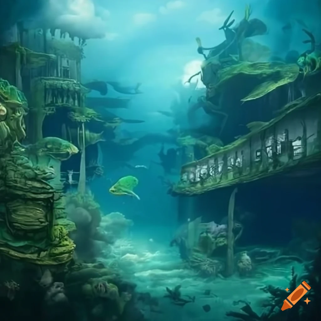 Overgrown underwater town with flying fish and monsters on Craiyon