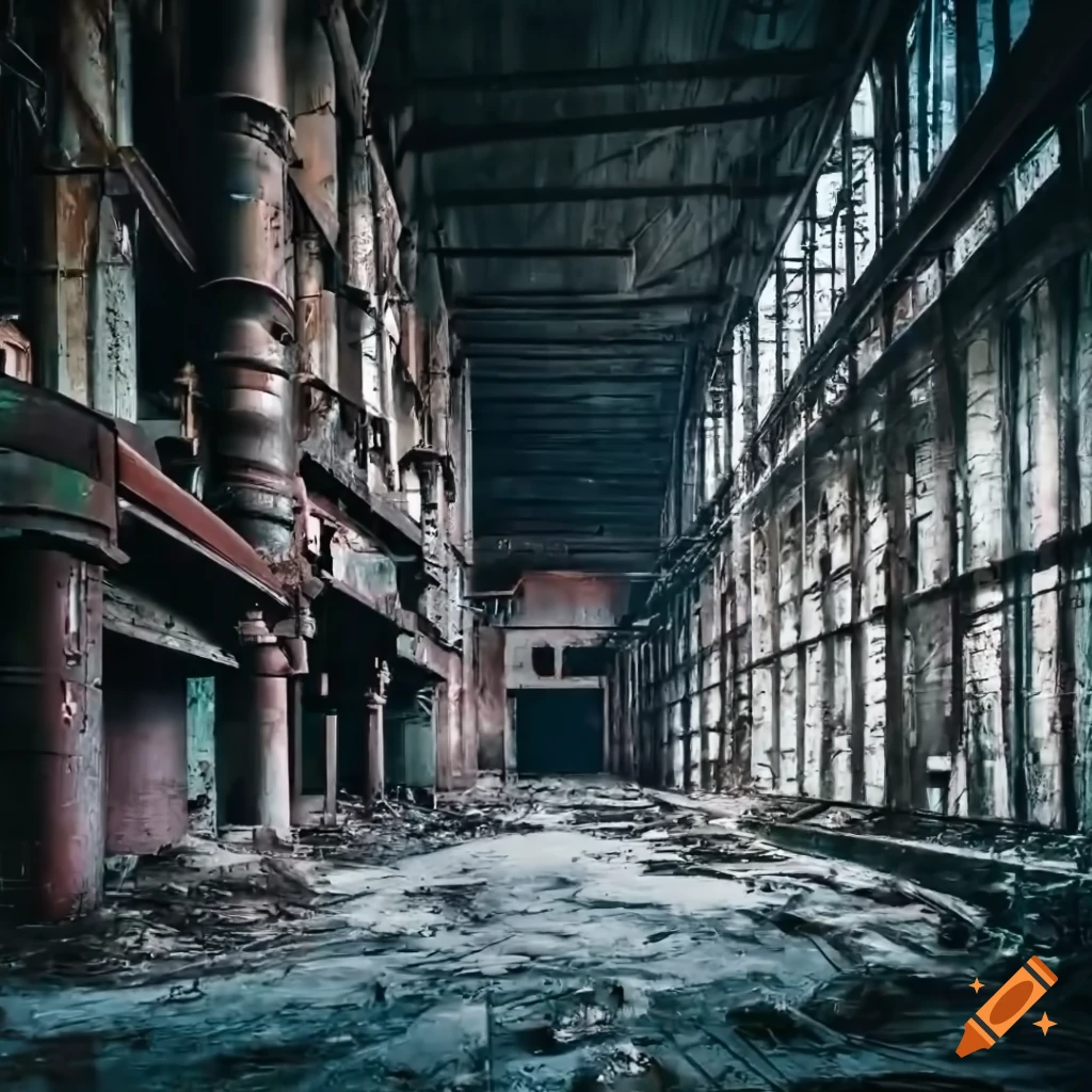 Interior of a large abandoned steel factory on Craiyon