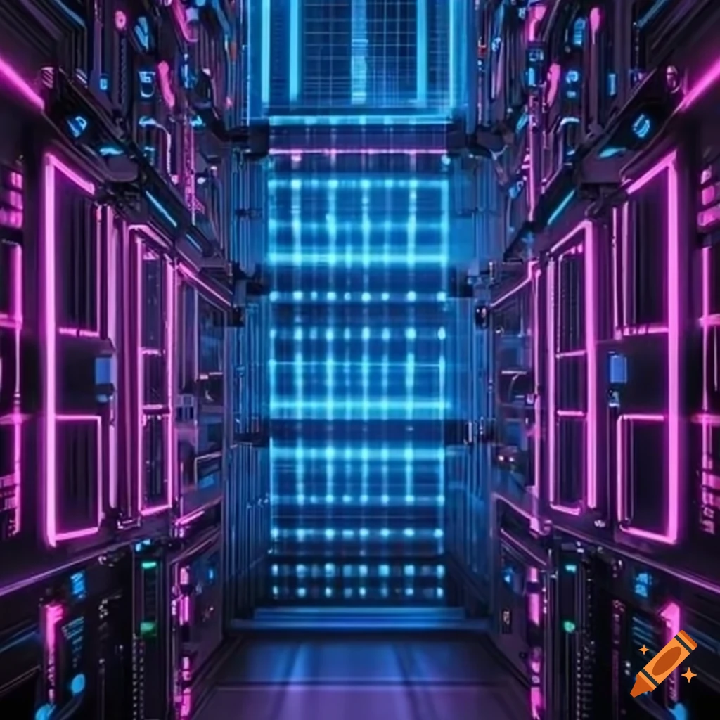 Sleek and powerful servers with neon lights on Craiyon