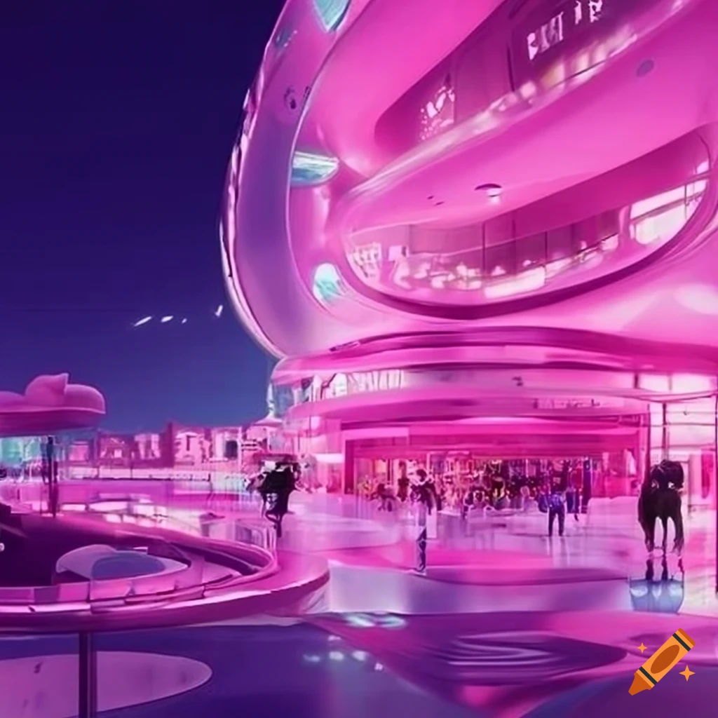 Futuristic kawaii pink mega mall in Japanese Korean style on Craiyon