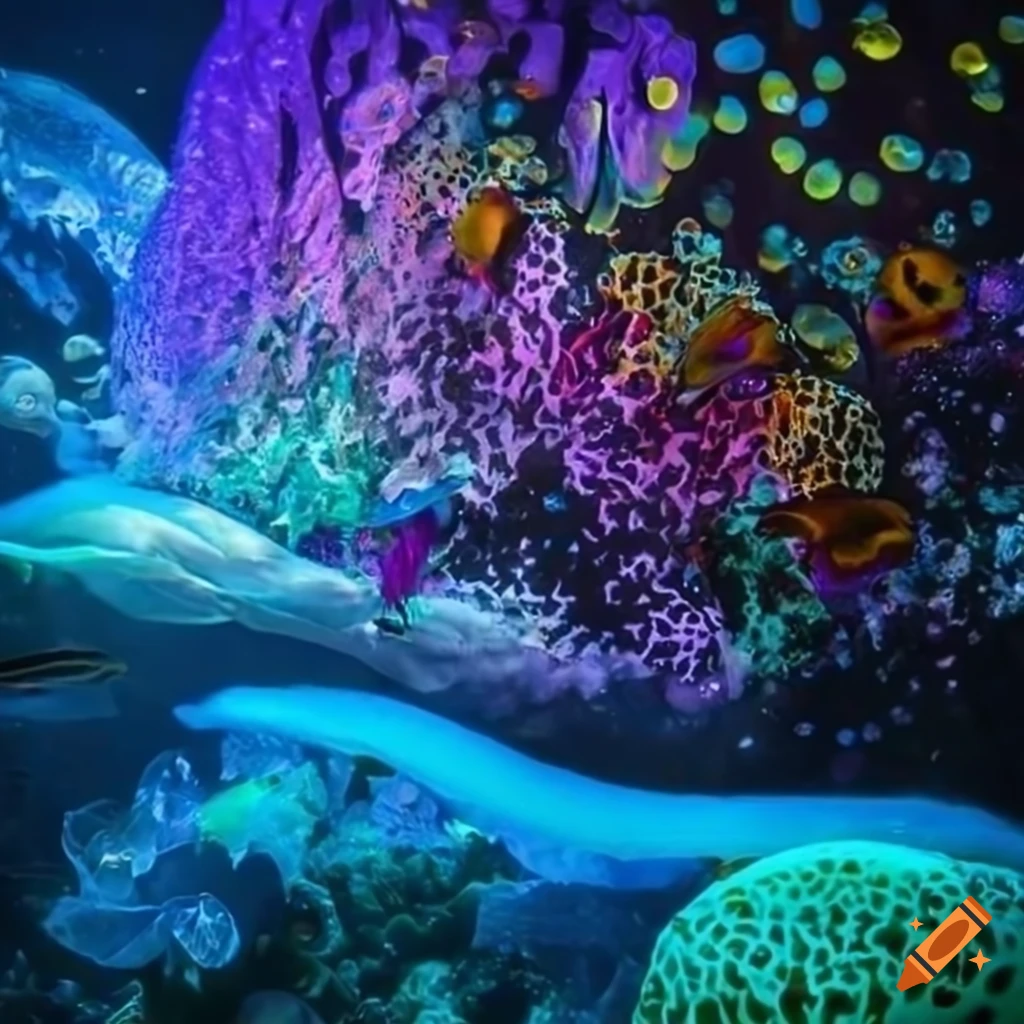 Underwater tapestry of vibrant fish, coral, and mythical creatures ...