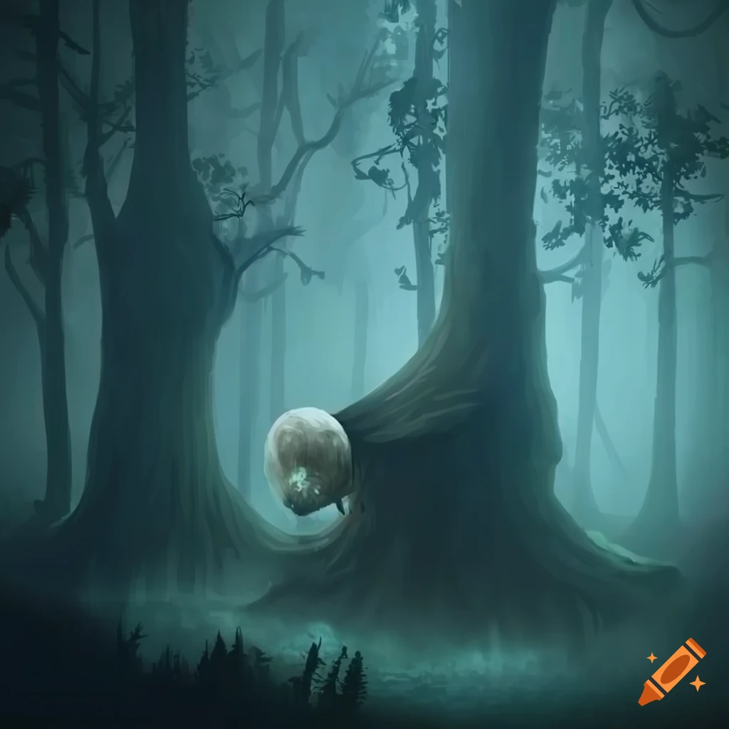 Foggy moonlit fantasy forest with magical creatures playing under full ...