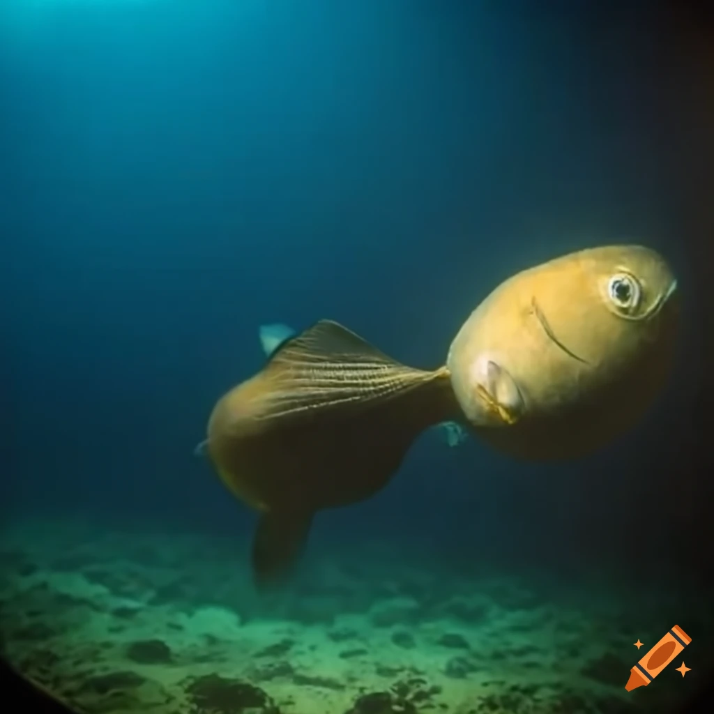 Victorian era bathysphere descending in deep blue sea with fishes, rays ...
