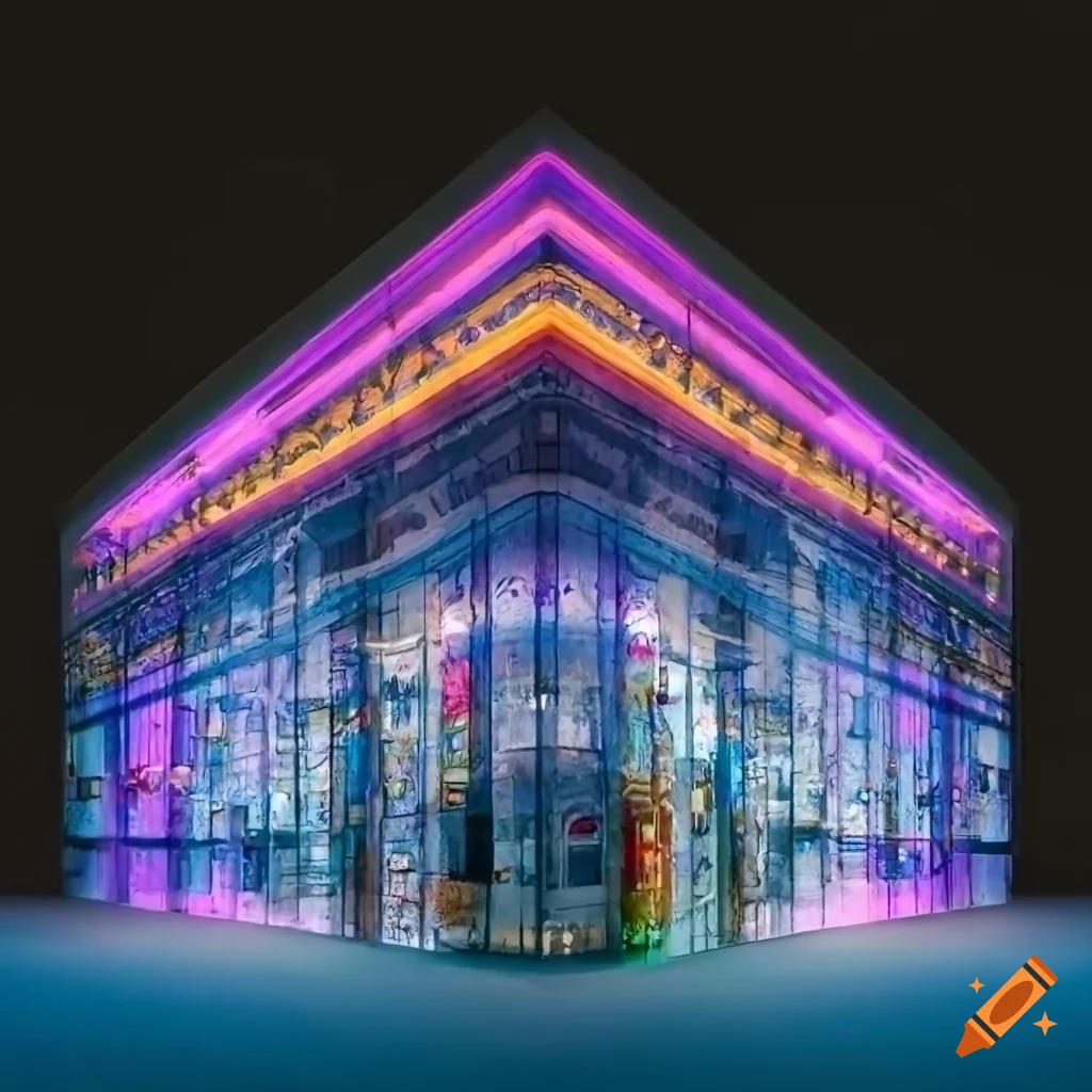 Front view of futuristic commercial complex with vertical light panels ...