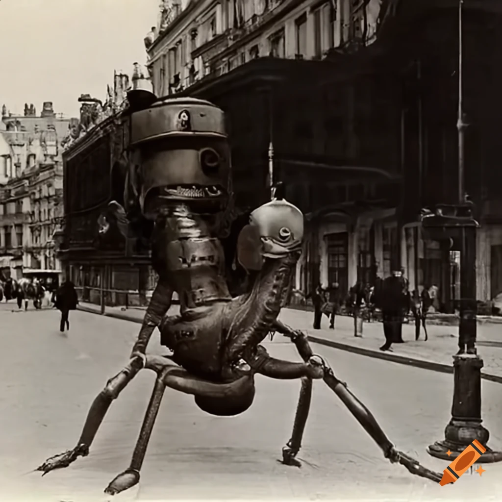 Giant bronze ant robot causing chaos on a Paris street in 1895 on Craiyon