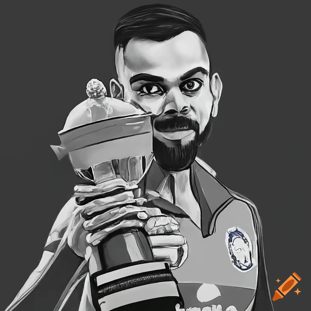 Drawing of virat kohli holding ipl trophy in black and white on Craiyon
