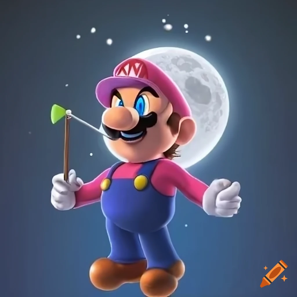 Mario jumping over the moon holding a flag on Craiyon