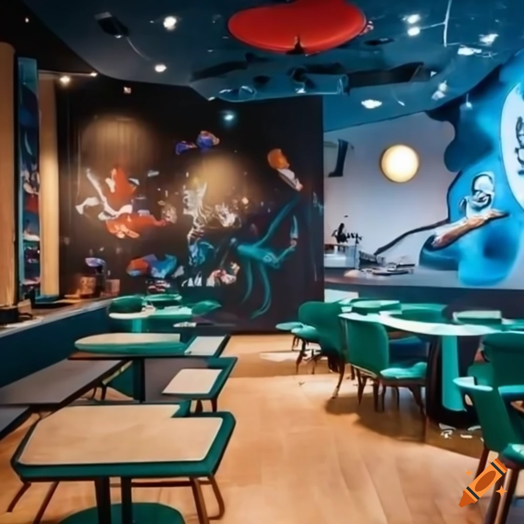 Space themed cafe with seating and counter on Craiyon