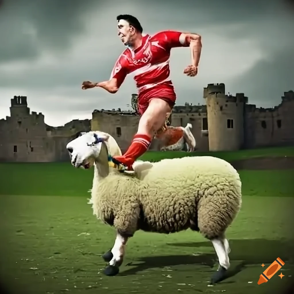 Welsh rugby player riding a sheep and holding a daffodil storming a ...