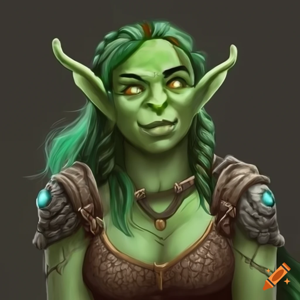 Female half-orc druid with dark green hair and twin braids on Craiyon