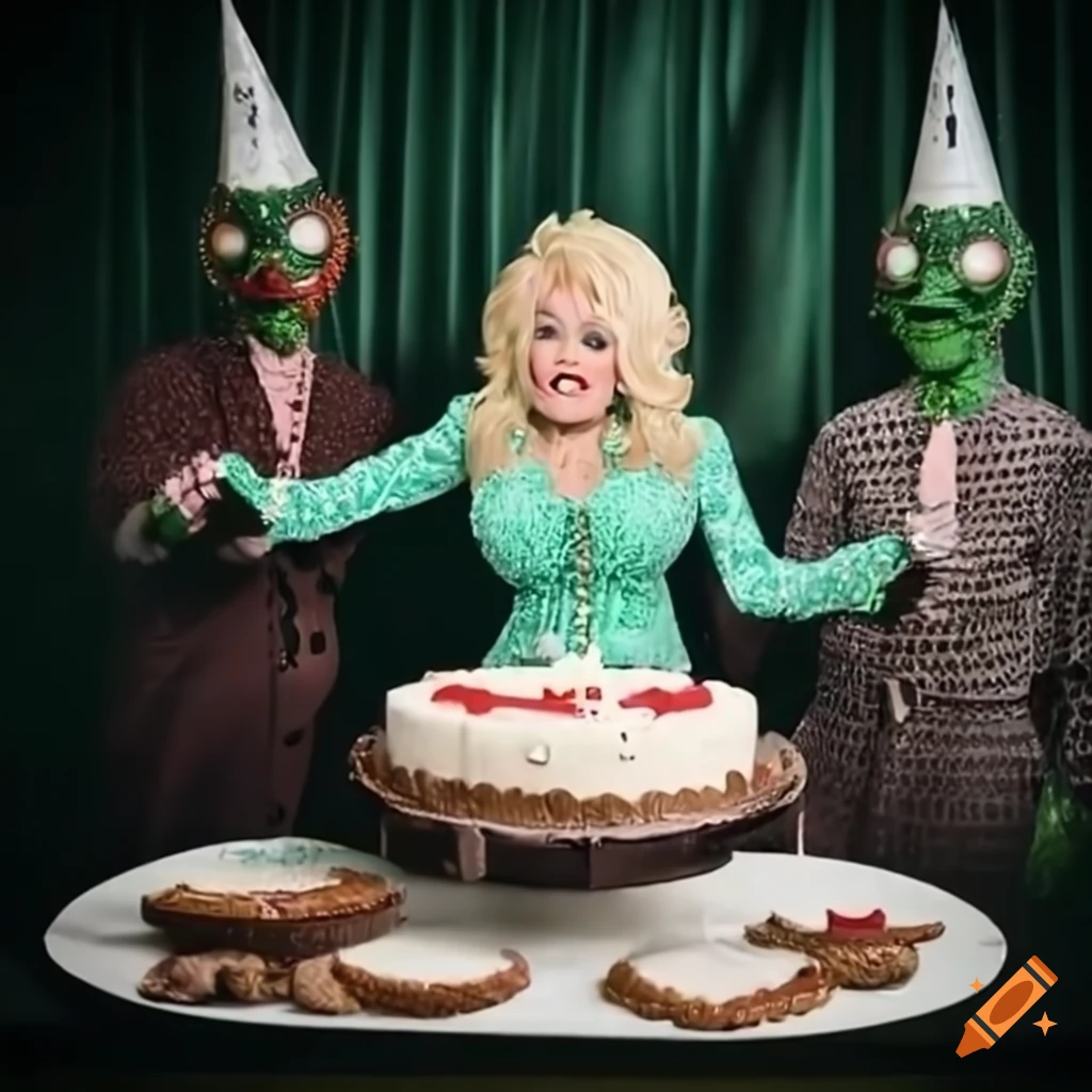 Dolly Parton dancing with green aliens at a birthday party with cake ...