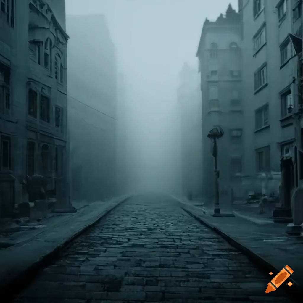 Astonishing view from a window overlooking a foggy rundown city and ...