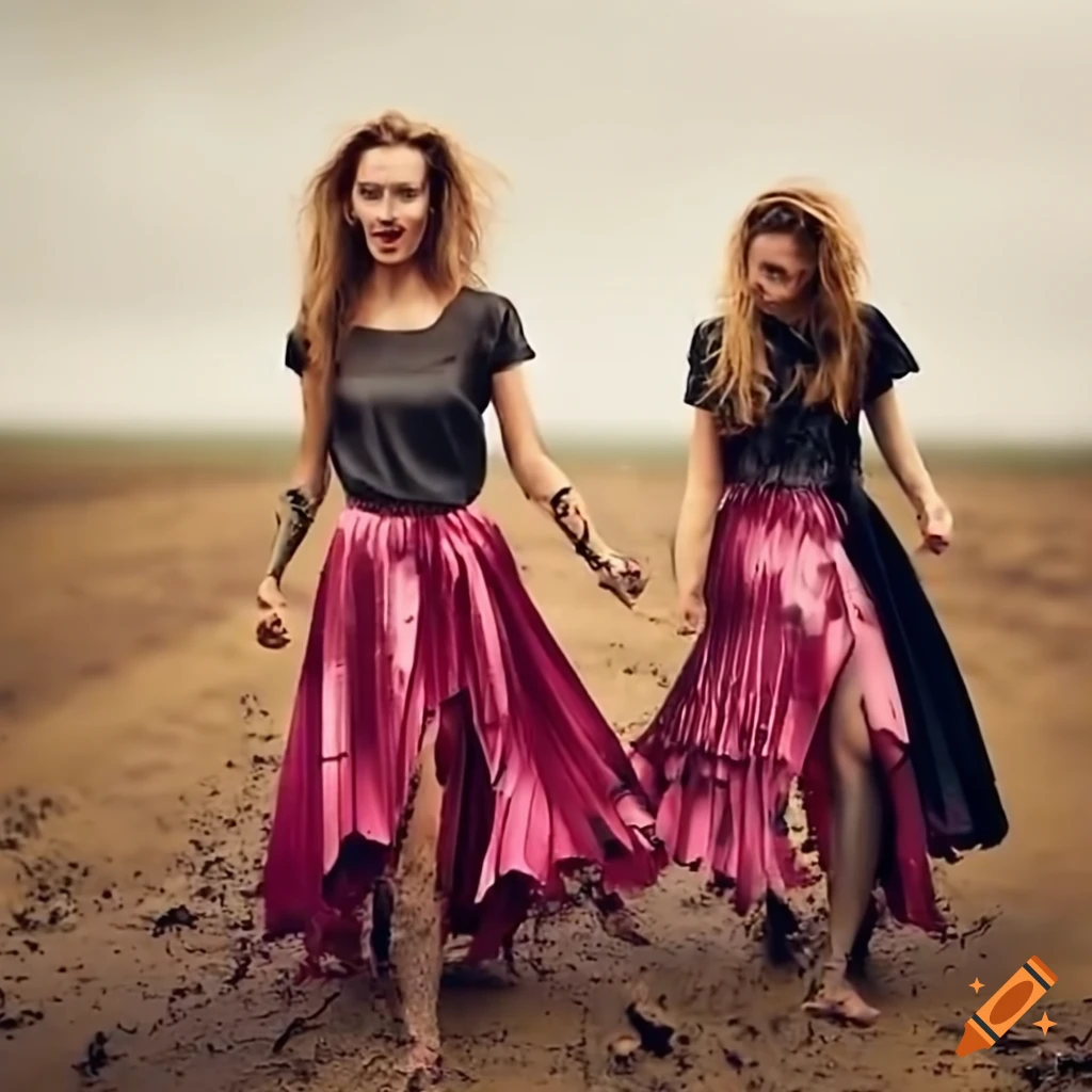 Four happy women in ripped mud-splattered skirts and t-shirts walking ...
