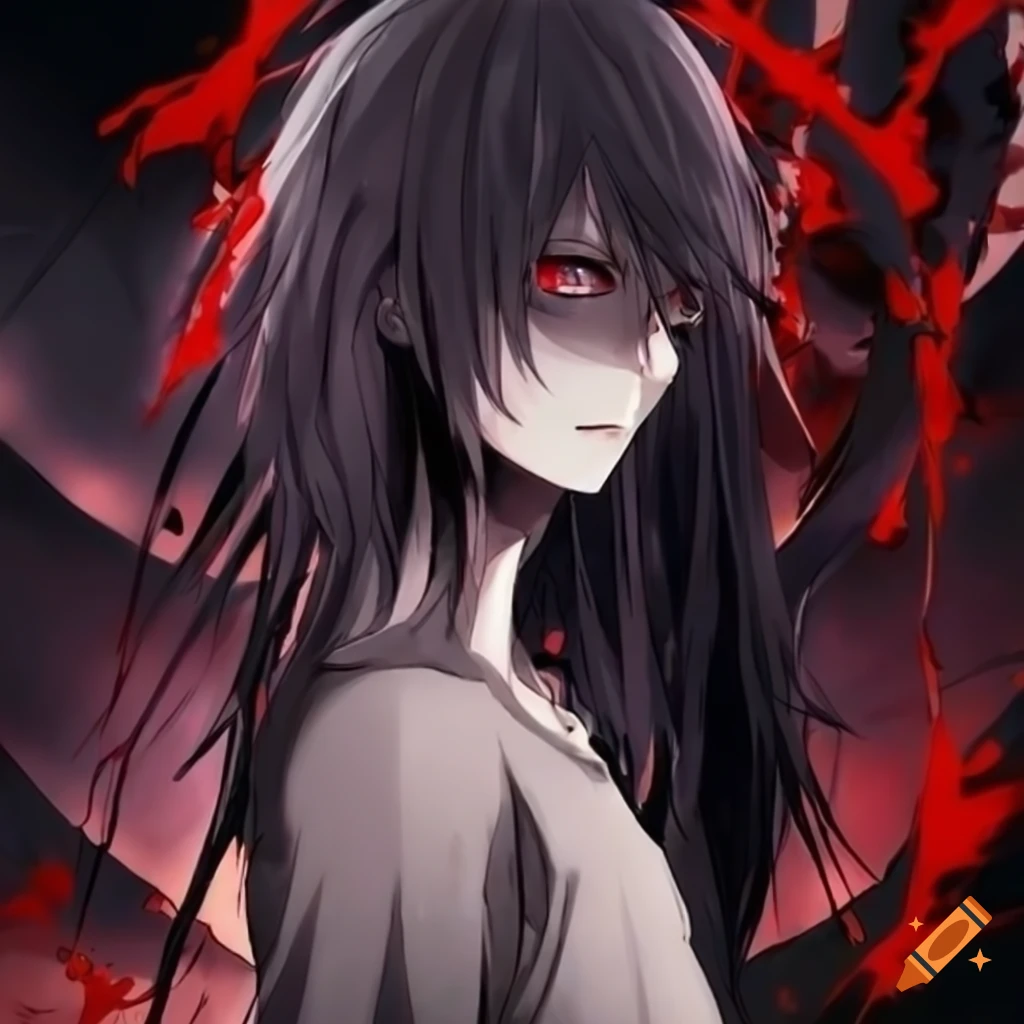 Decaying anime boy with long black hair and red eyes on Craiyon