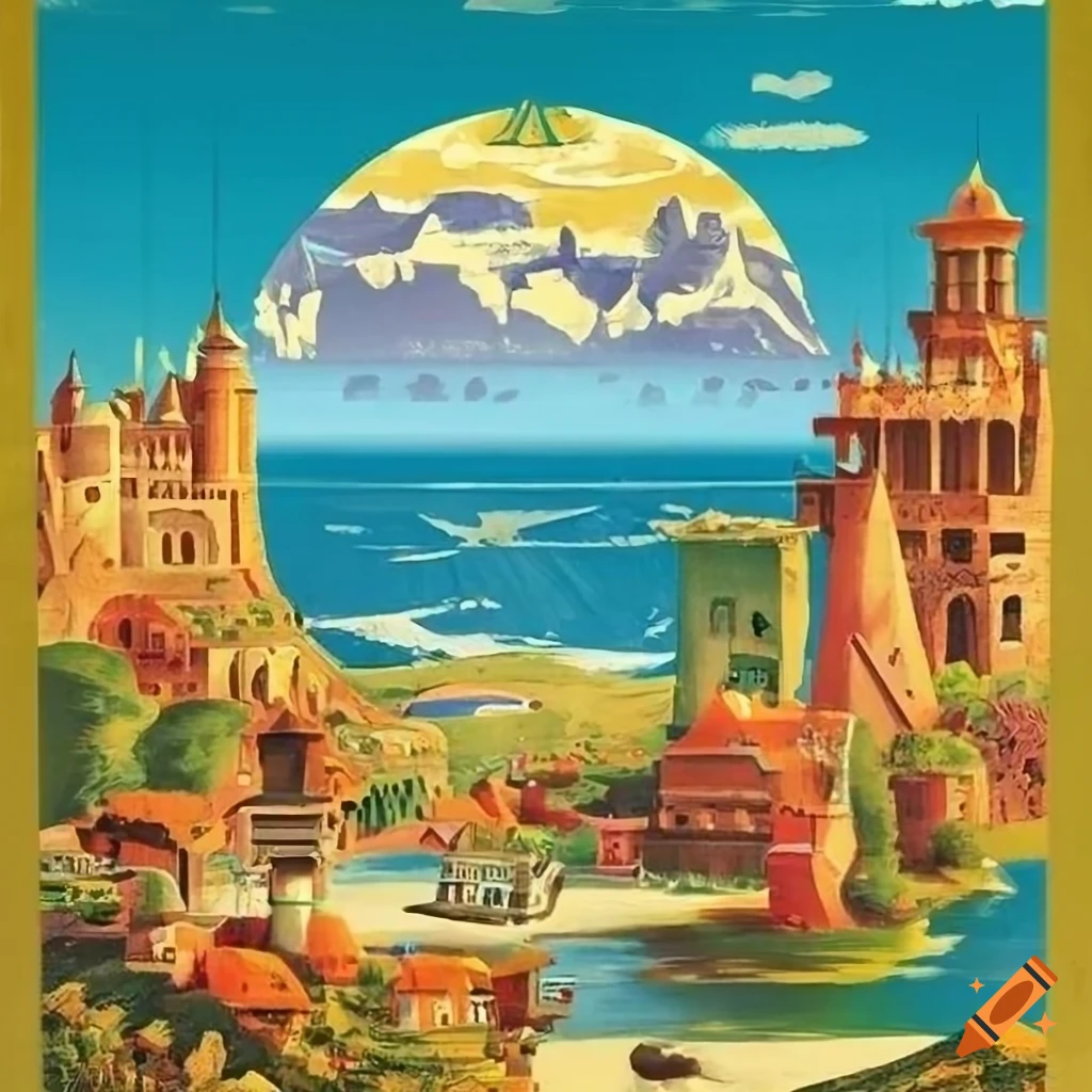 Vintage travel poster of a fantasy world on Craiyon