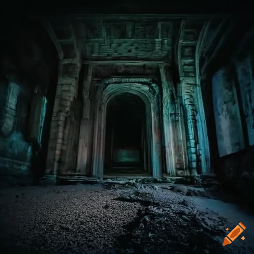 Dilapidated alien temple wall with mysterious glowing glyphs on Craiyon