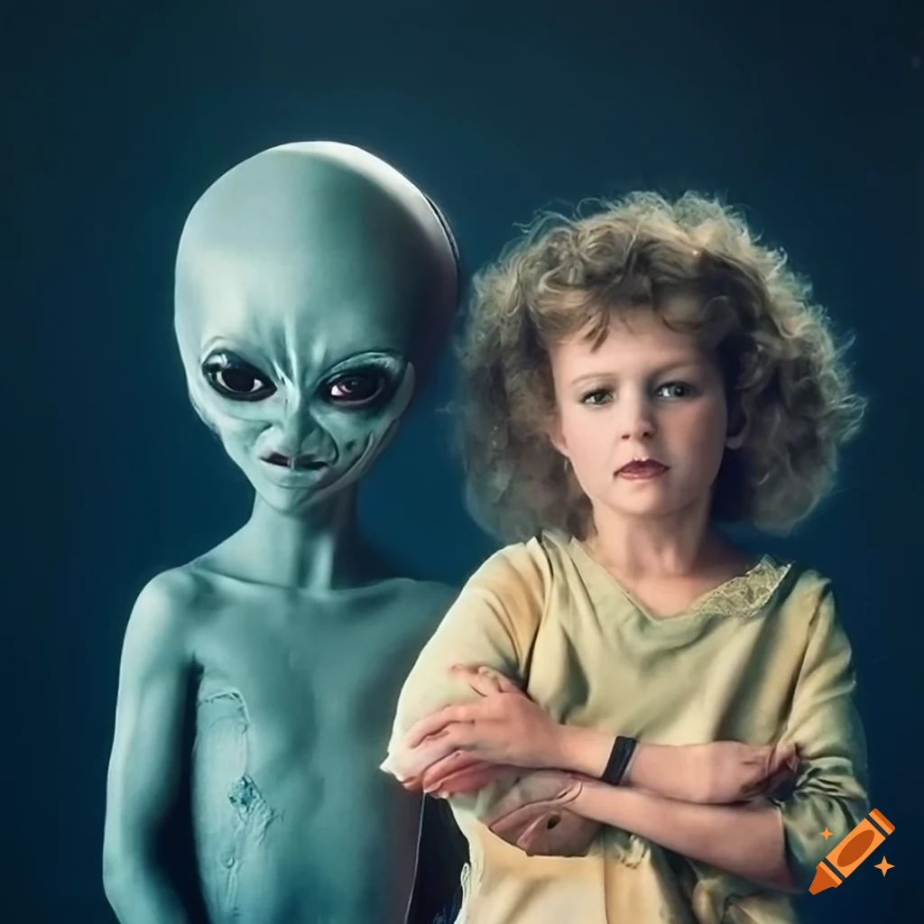 Vintage 1980s portrait of an alien family in clothes on Craiyon