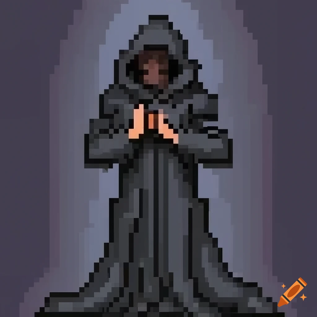 Hooded man with raised hands in pixel art on Craiyon