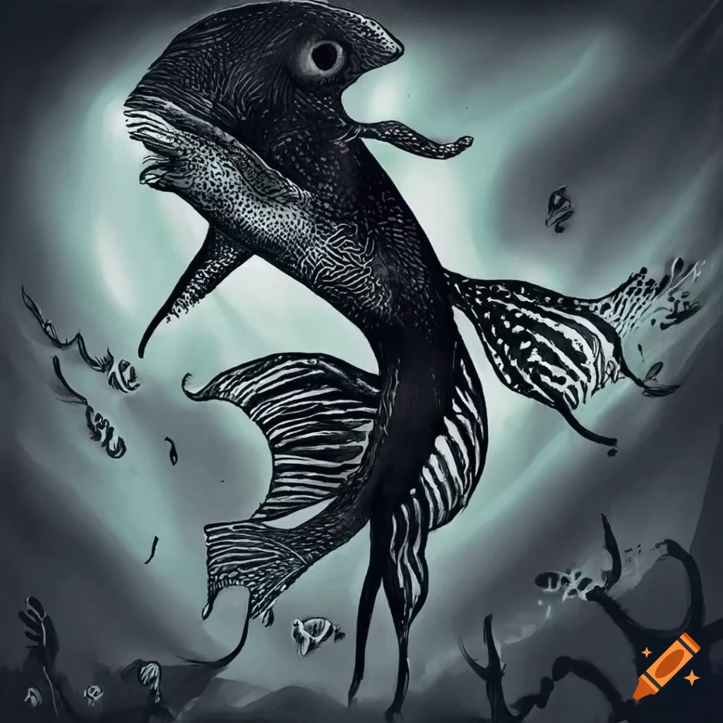 Fantasy underwater world of magical sea creatures in black ink on Craiyon