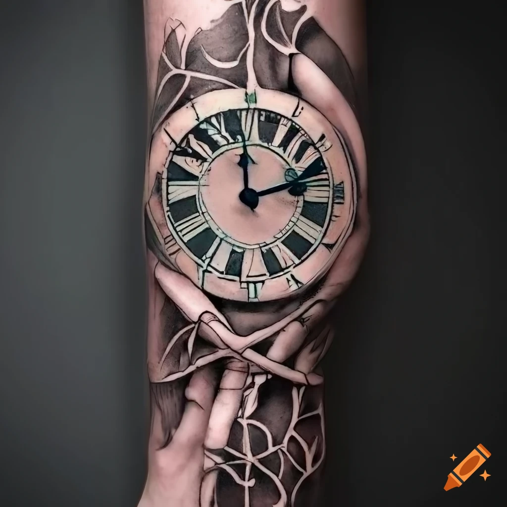 Branches and leaves tattoo-style deformed clock on forearm and hand in ...