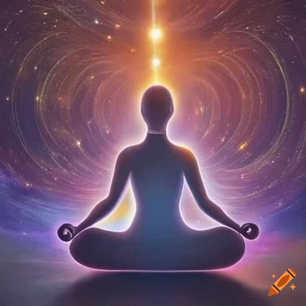 Person meditating and connecting with the universe and source energy on ...