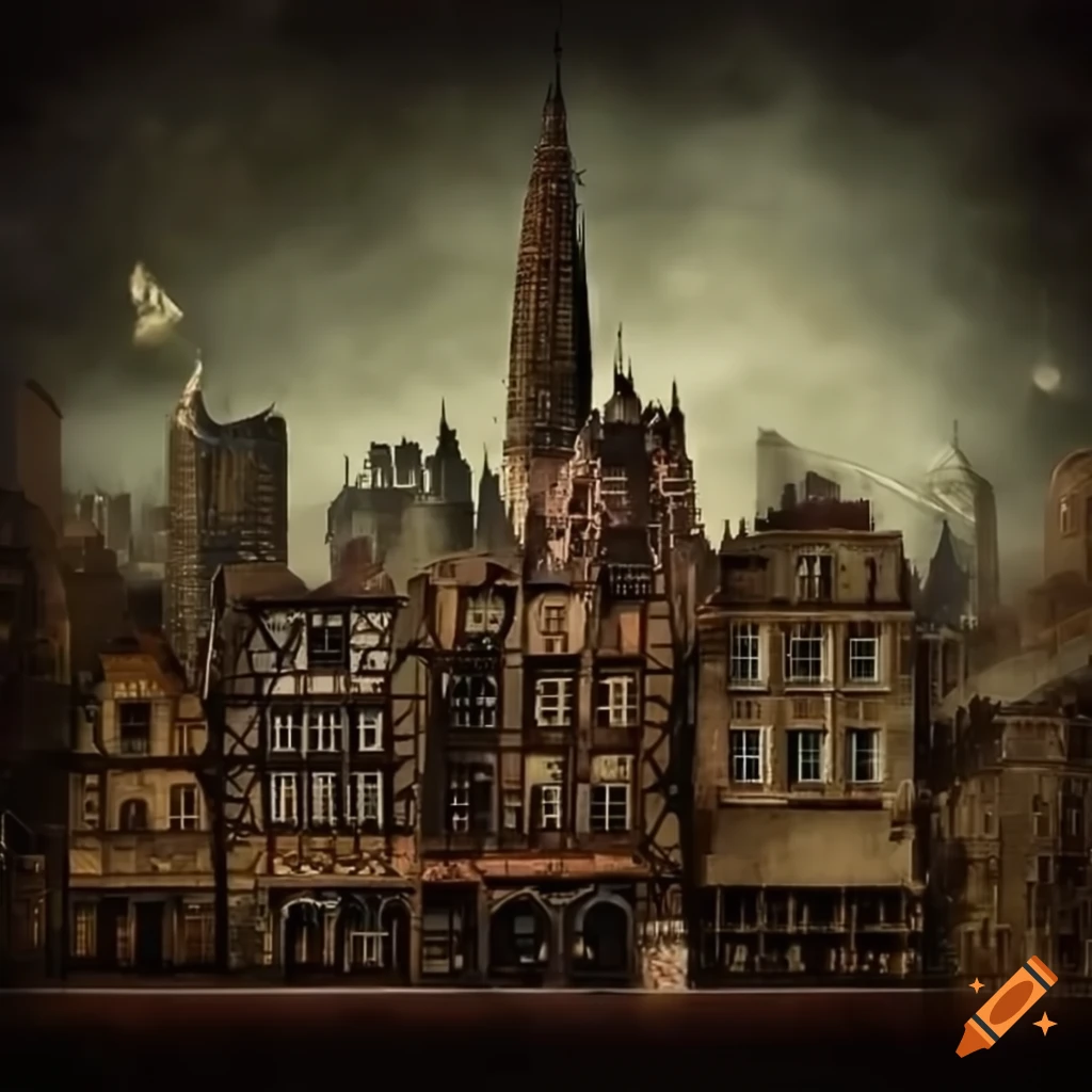 Steampunk city skyline with multiple factory towers on Craiyon