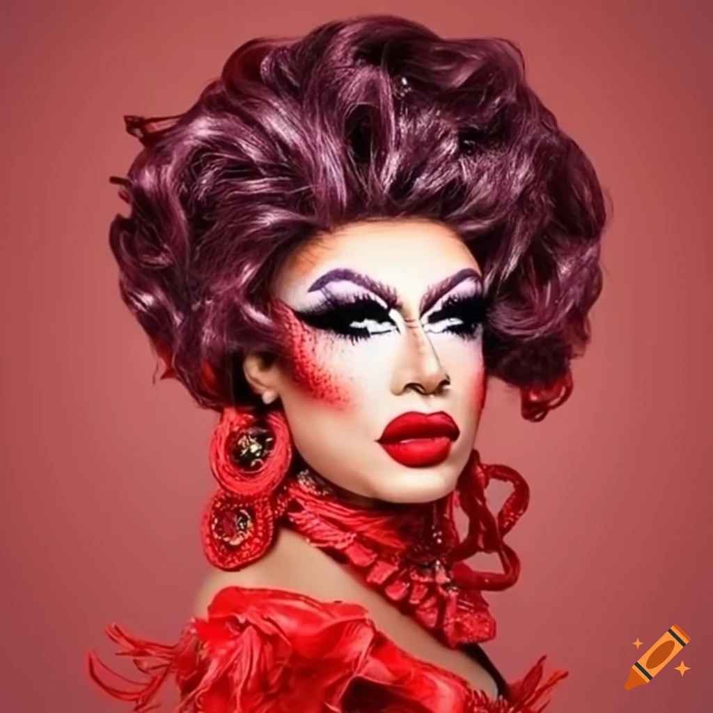 Vibrant drag queen in red attire on Craiyon