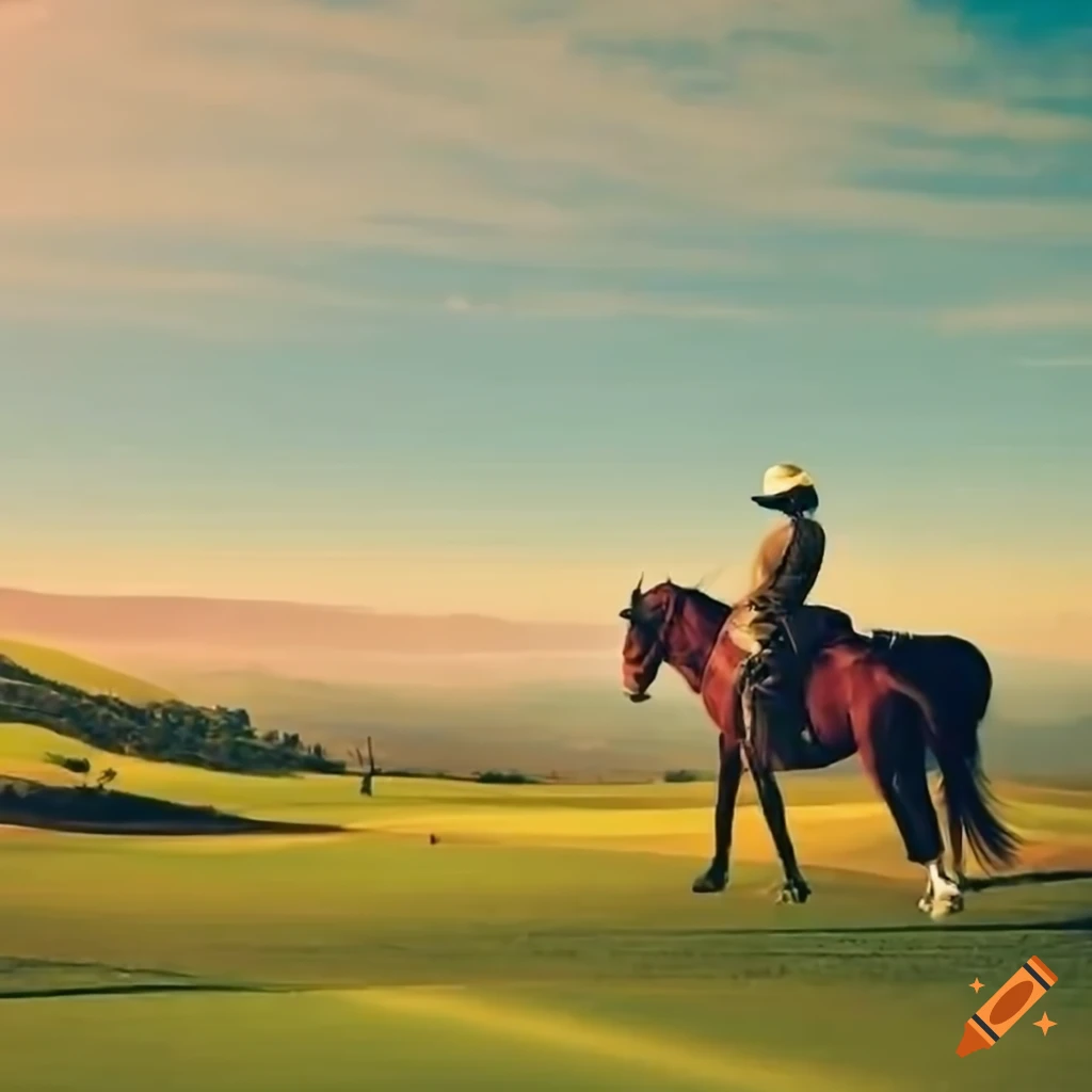 Cowboy golfer with horse on a beautiful fairway with rolling hills and ...