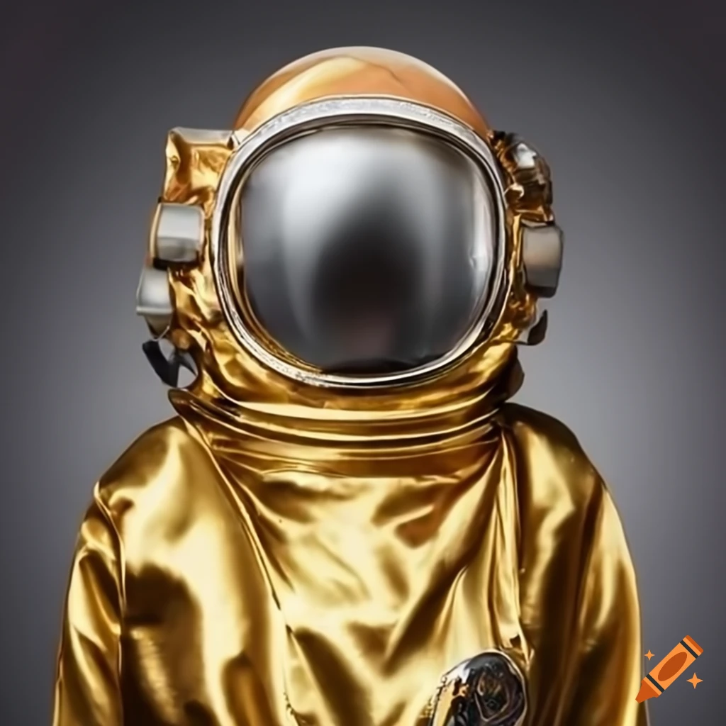 Woman astronaut in gold satin silk spacesuit and helmet on Craiyon