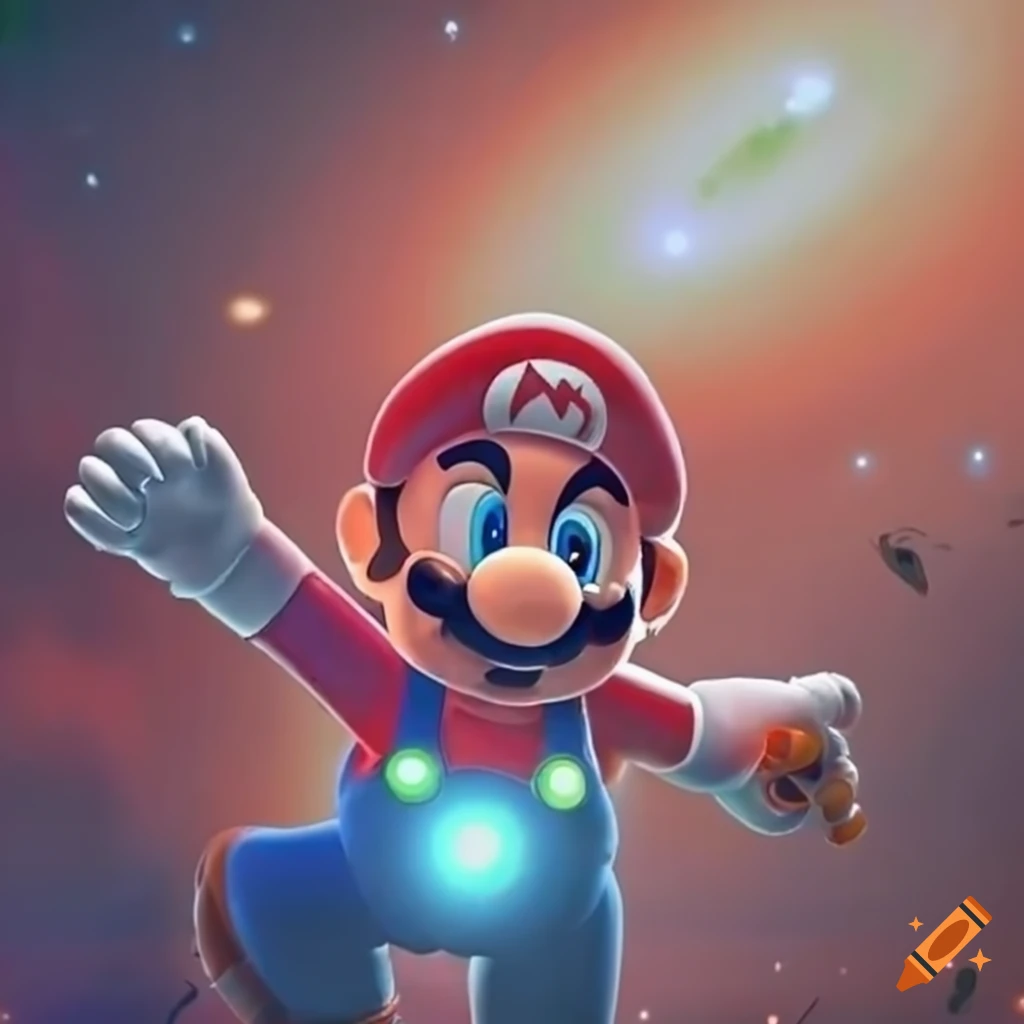 Mario traveling through galaxies in a spaceship with an italian flag on ...