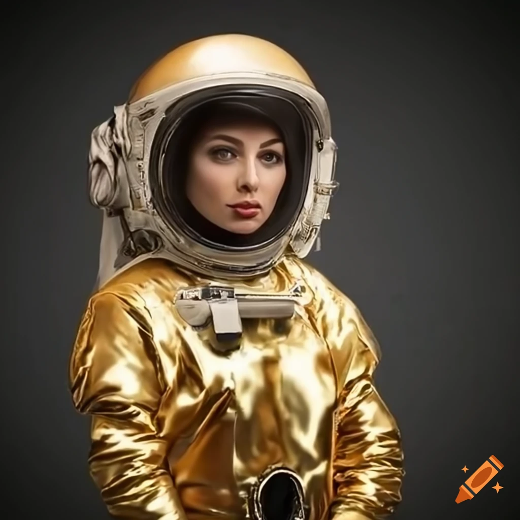 Woman astronaut in gold satin silk spacesuit and helmet on Craiyon