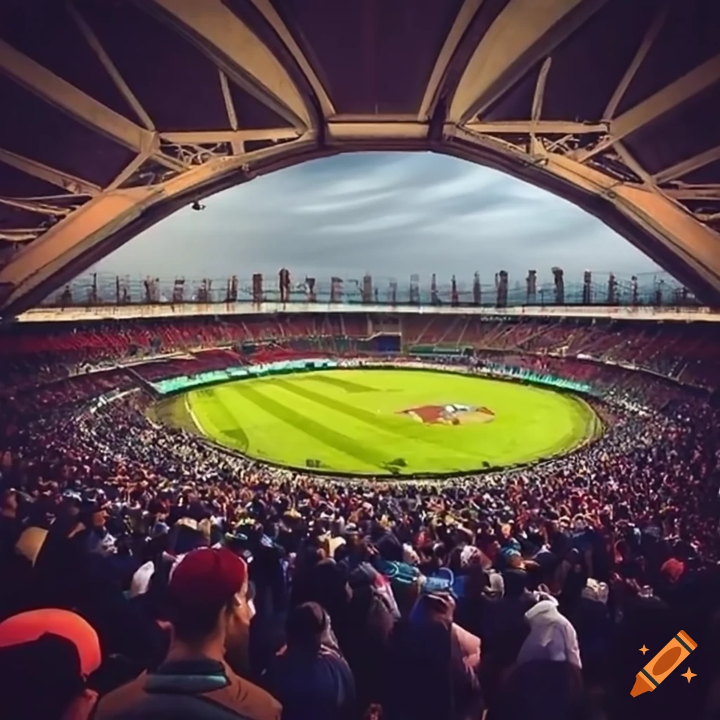 Vibrant international cricket stadium during a thrilling match on Craiyon