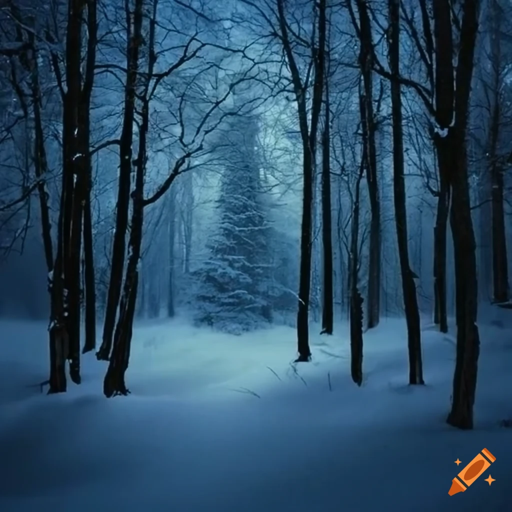 Moonlit forest clearing on a winter night with falling snowflakes on ...